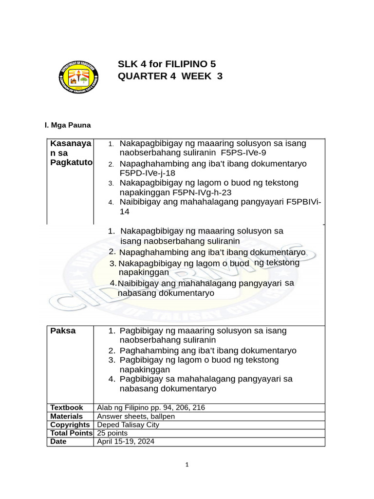 FILIPINO-5 Q4 Wk3 | PDF