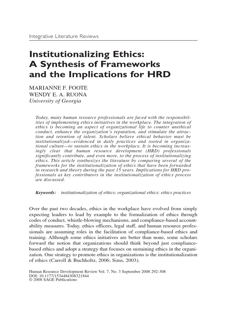 Institutionalizing Ethics: A Synthesis of Frameworks and The ...
