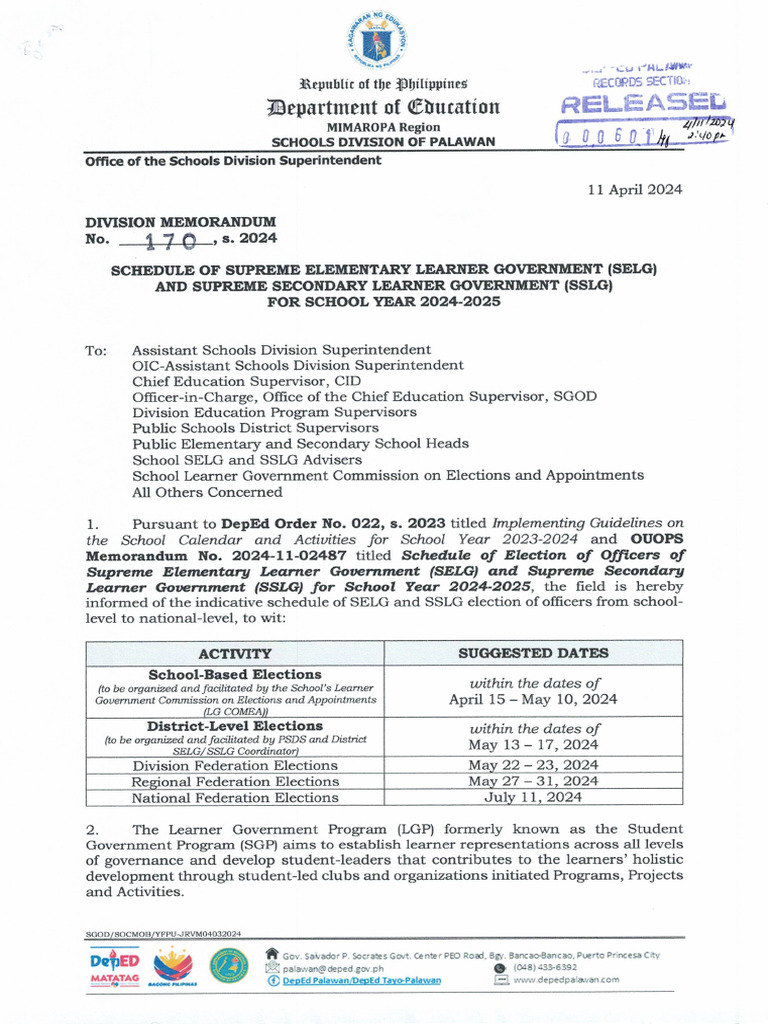 DM No. 170 S. 2024 - Schedule of Supreme Elementary Learner Government ...