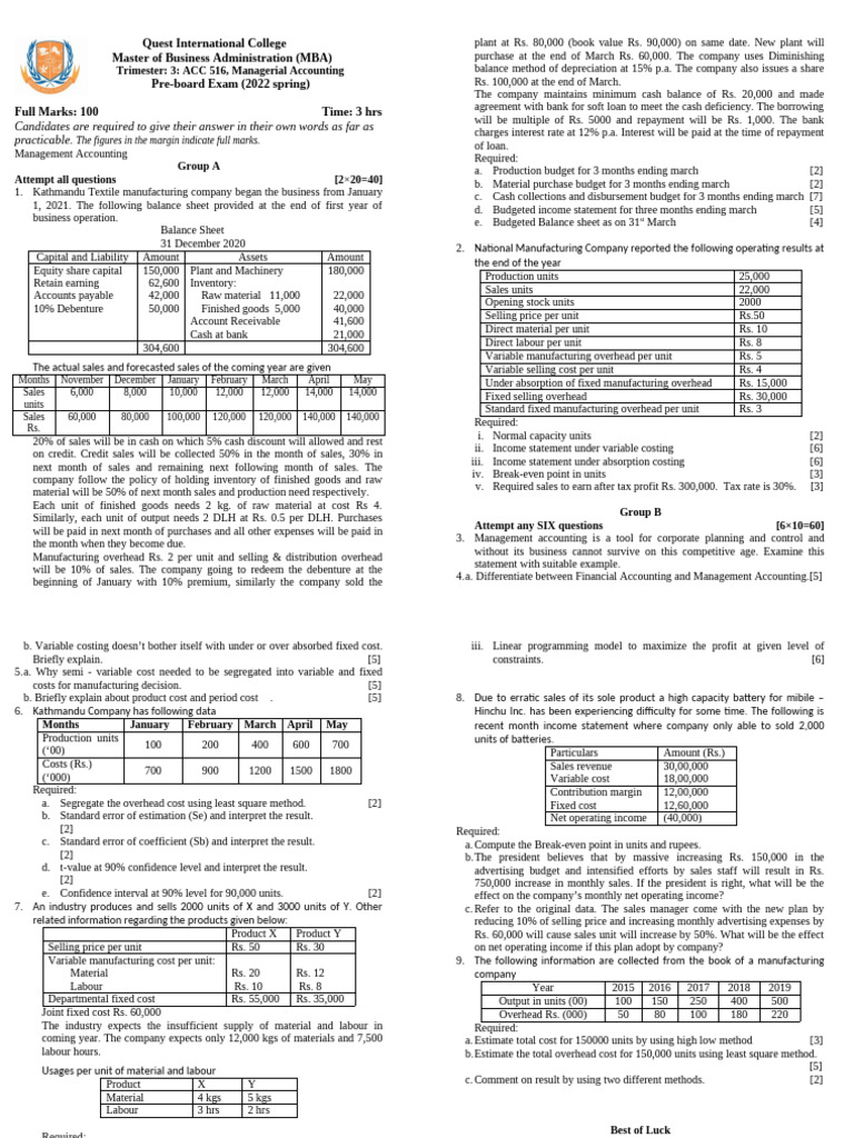 MBA 3rd (10th Batch) Pre | PDF