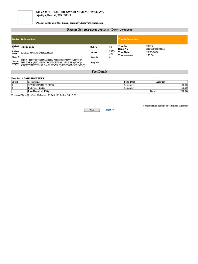 Labid 2nd Semester Fees Receipts | PDF