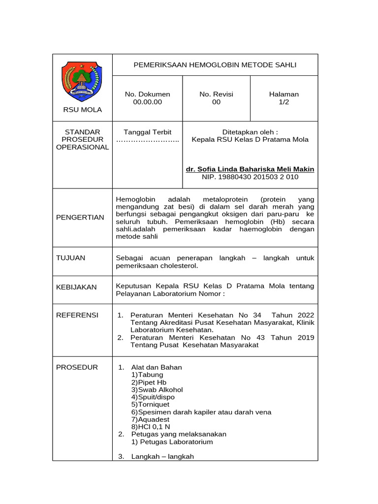 Sop Pemeriksaan Hemoglobin Metode Sahli | PDF