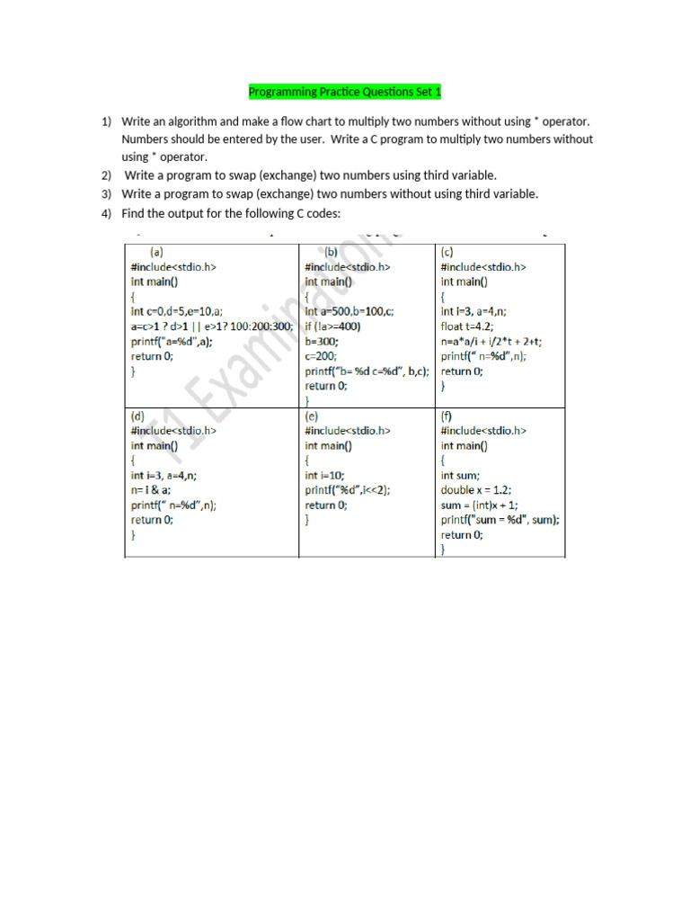 Programming Practice Questions Set 1 C Language | PDF