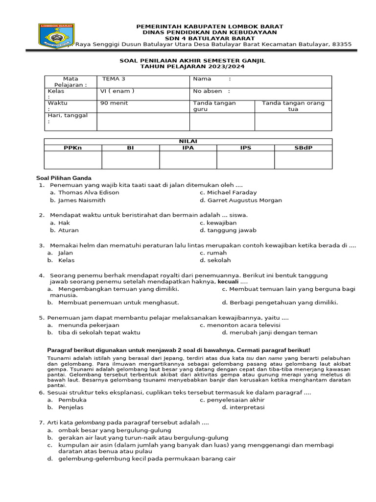Soal Pas Kelas Vi Tema 3 | PDF
