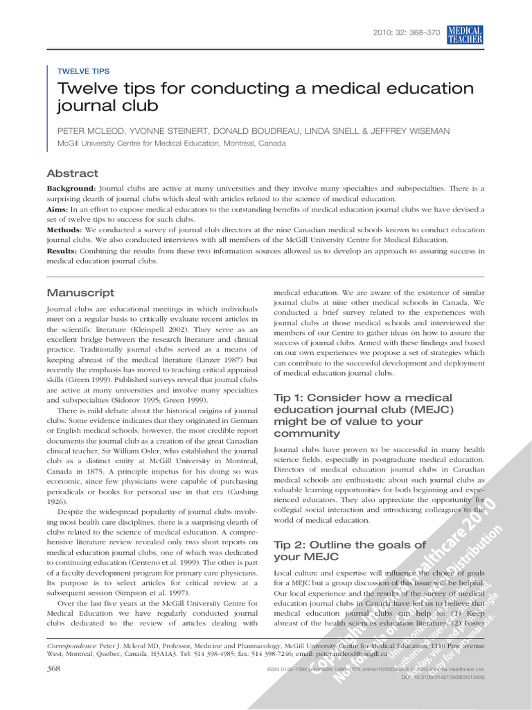 Twelve Tips For Conducting A Medical Education Journal Club | PDF