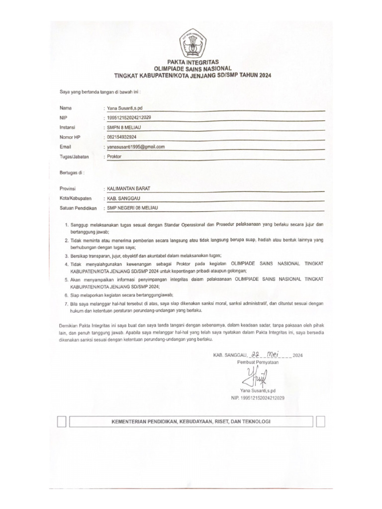 Contoh / Format Pakta Integritas Osn 2024 | PDF