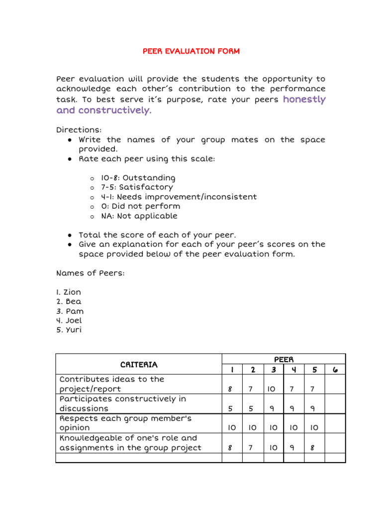 Peer Evaluation Form (Jake) Lets Connect | PDF