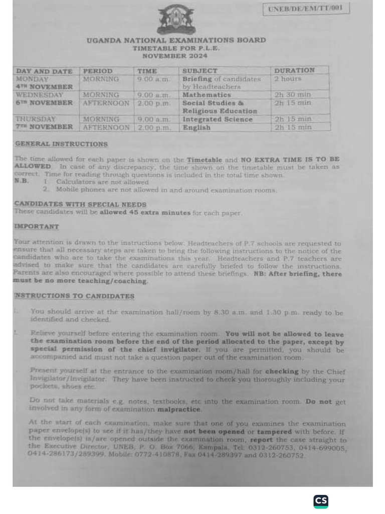 2024 PLE TIME TABLE Epidupaul229@ | PDF