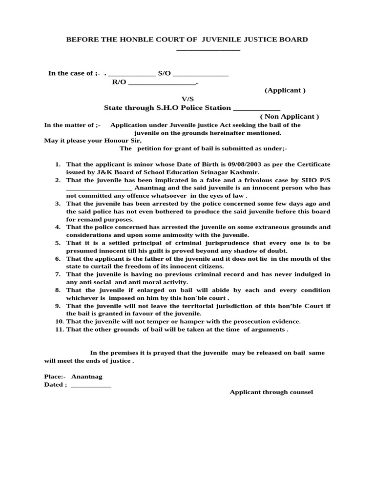 Juvenile Bail Application Under JJ Act | PDF | Bail | Social Science