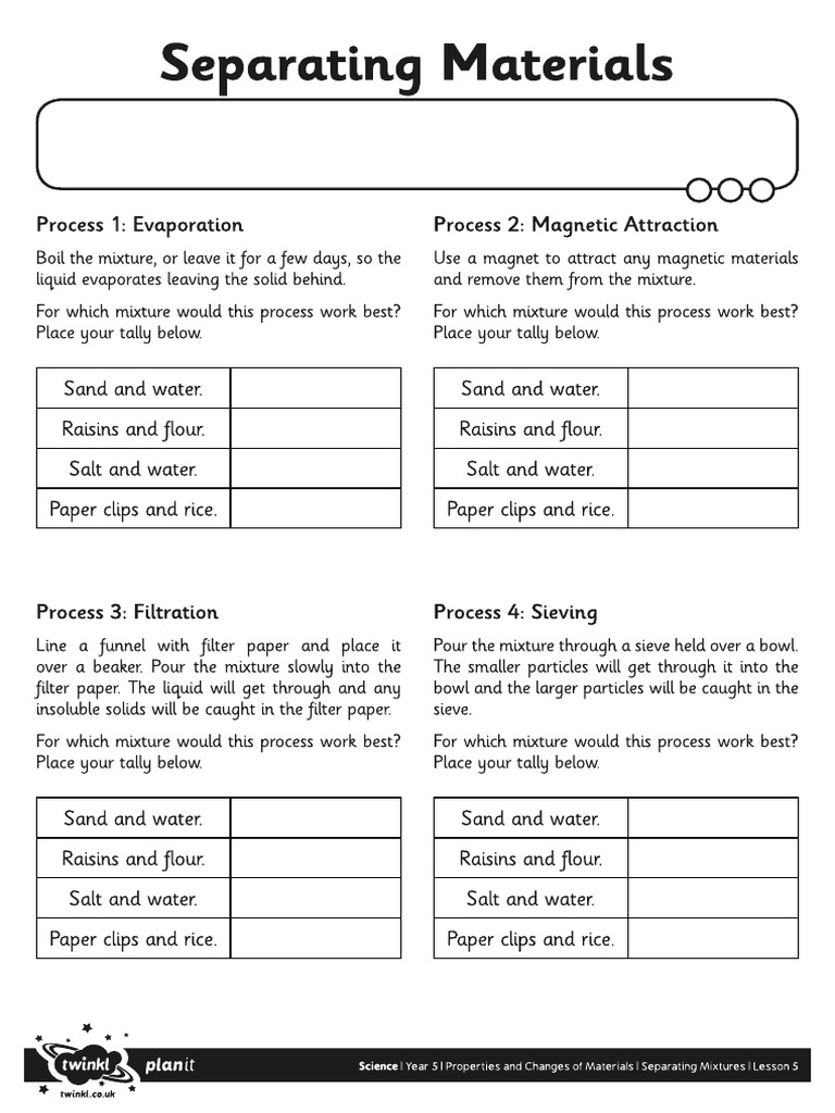 Separating Mixtures Explanations Activity Sheet | PDF