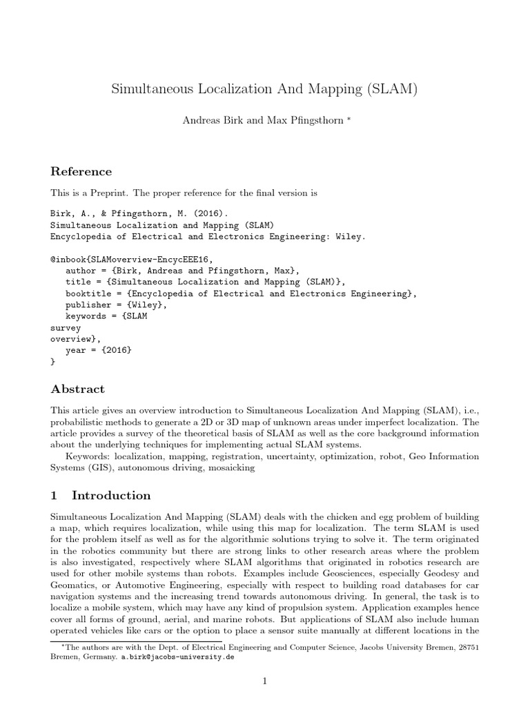 SLAM Introduction EncyclopediaEEE15 Preprint | PDF