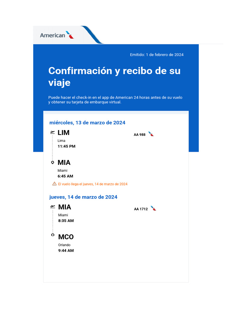 Pasaje Aereo Lim Mco Lim | PDF