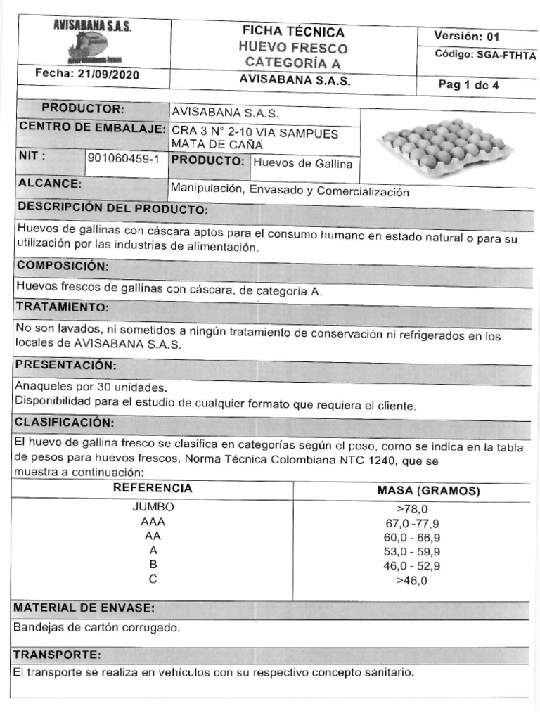 Fichas Tecnica Huevos | PDF