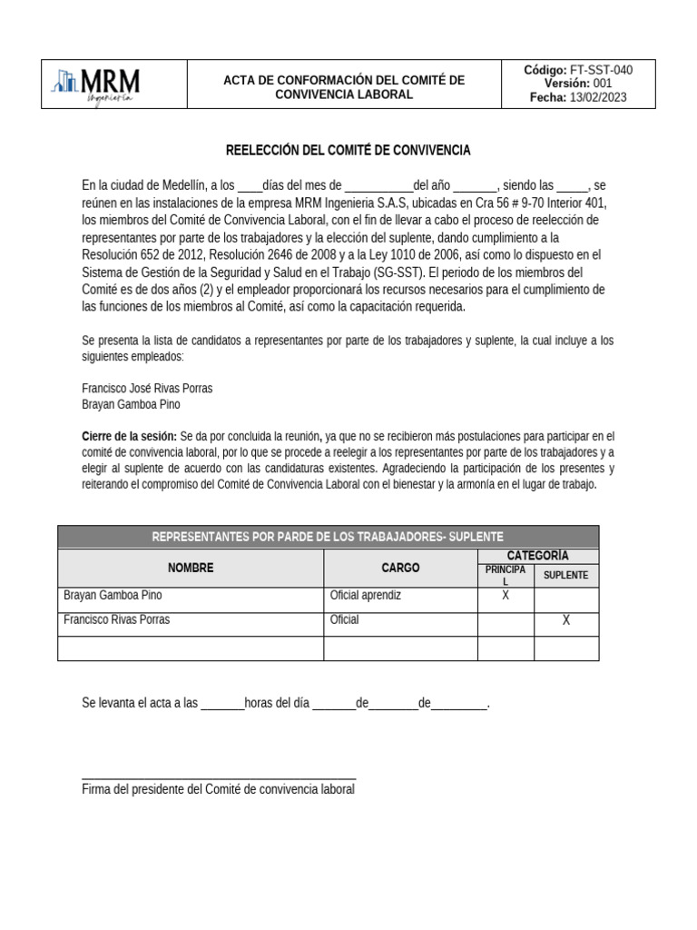 FT-SST-040 Acta de Reelección COCOLAB | PDF