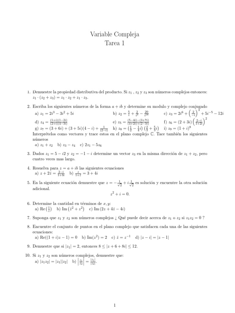 Tarea 1 Variable - Compleja | PDF | Objetos matemáticos | Conceptos matemáticos