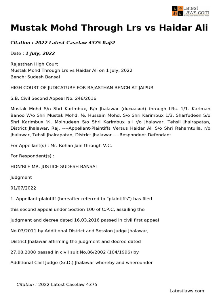 Mustak Mohd Through Lrs Vs Haidar Ali 2022 | PDF