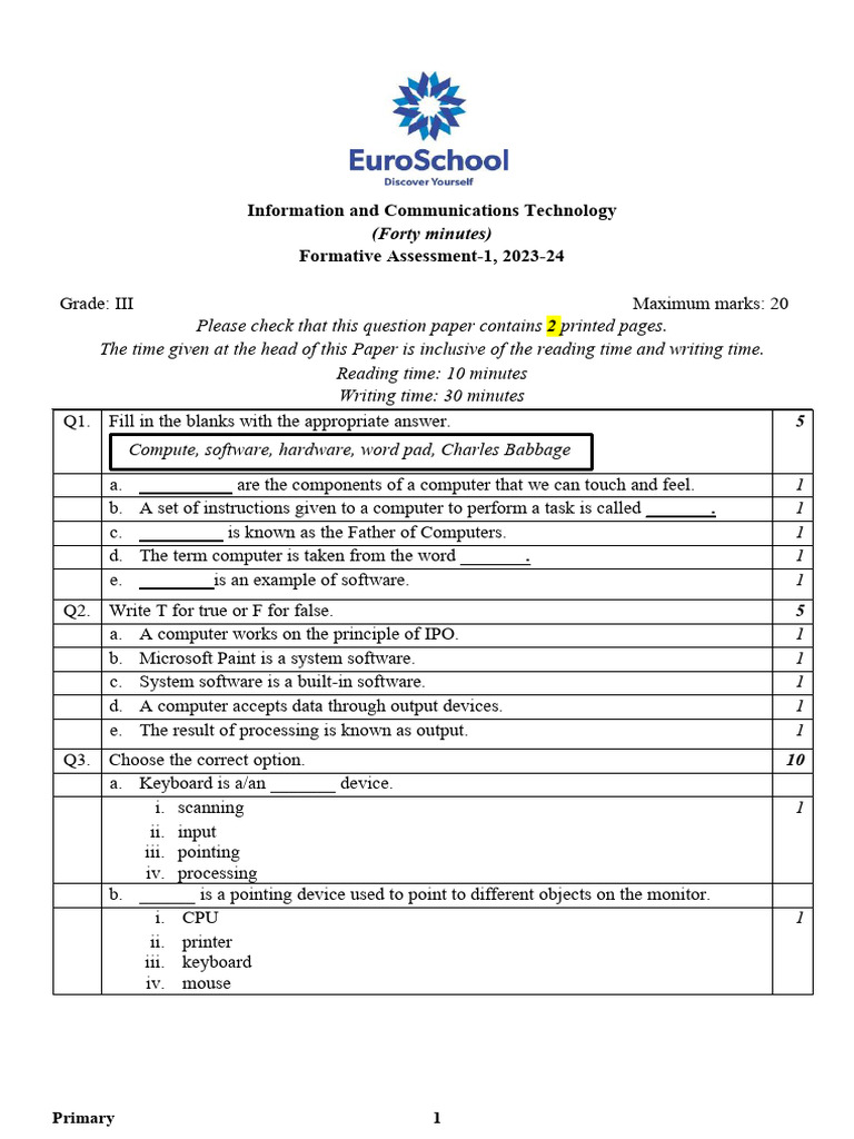 Prim - ICT - Grade3 - Practice Paper - Questions | PDF