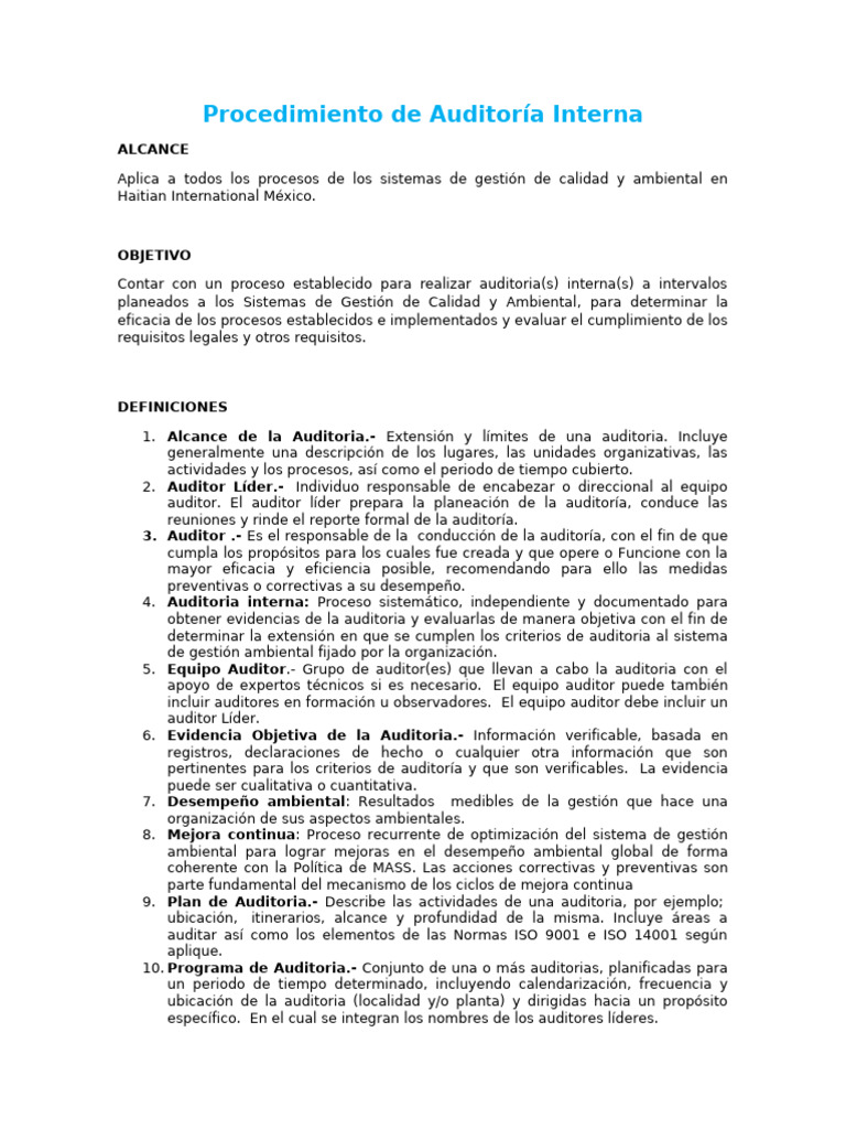 Procedimiento de Auditoría Interna | PDF