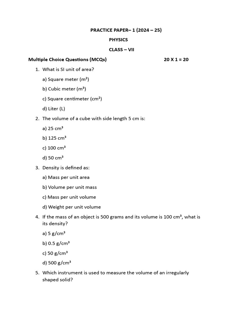 Practice Paper 1 Phy Class 7 | PDF | Volume | Speed