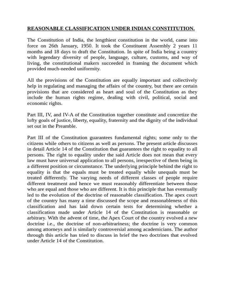 Reasonable Classification Under Indian Constitution | PDF
