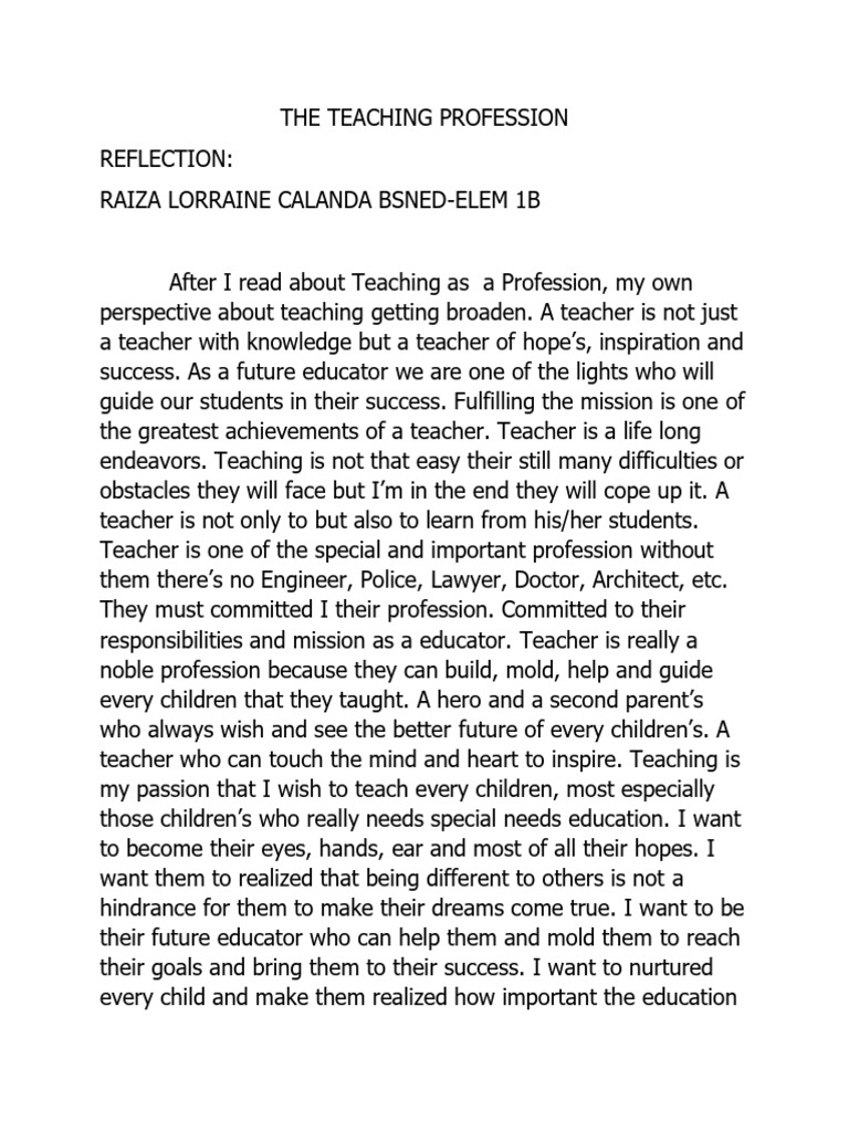 Teaching Profession Reflection | PDF | Wellness