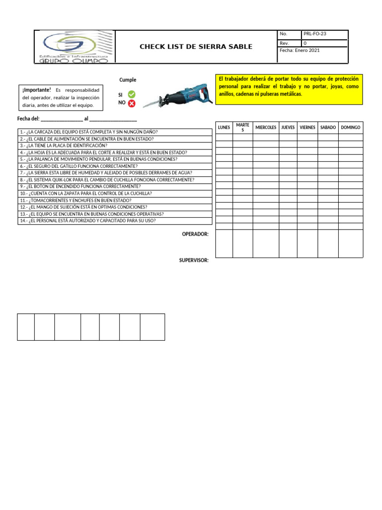 Prl-Fo-23 Check List de Sierra Sable | PDF