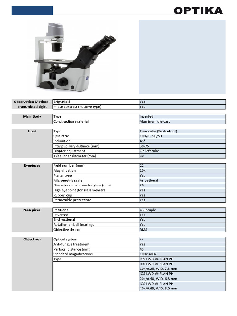 OPTIKA IM-300 Technical Datasheet EN | PDF