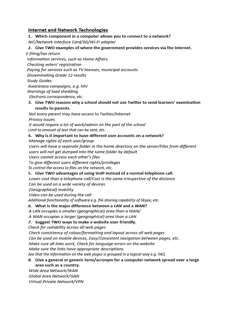 Internet and Network Technologies P2 | PDF