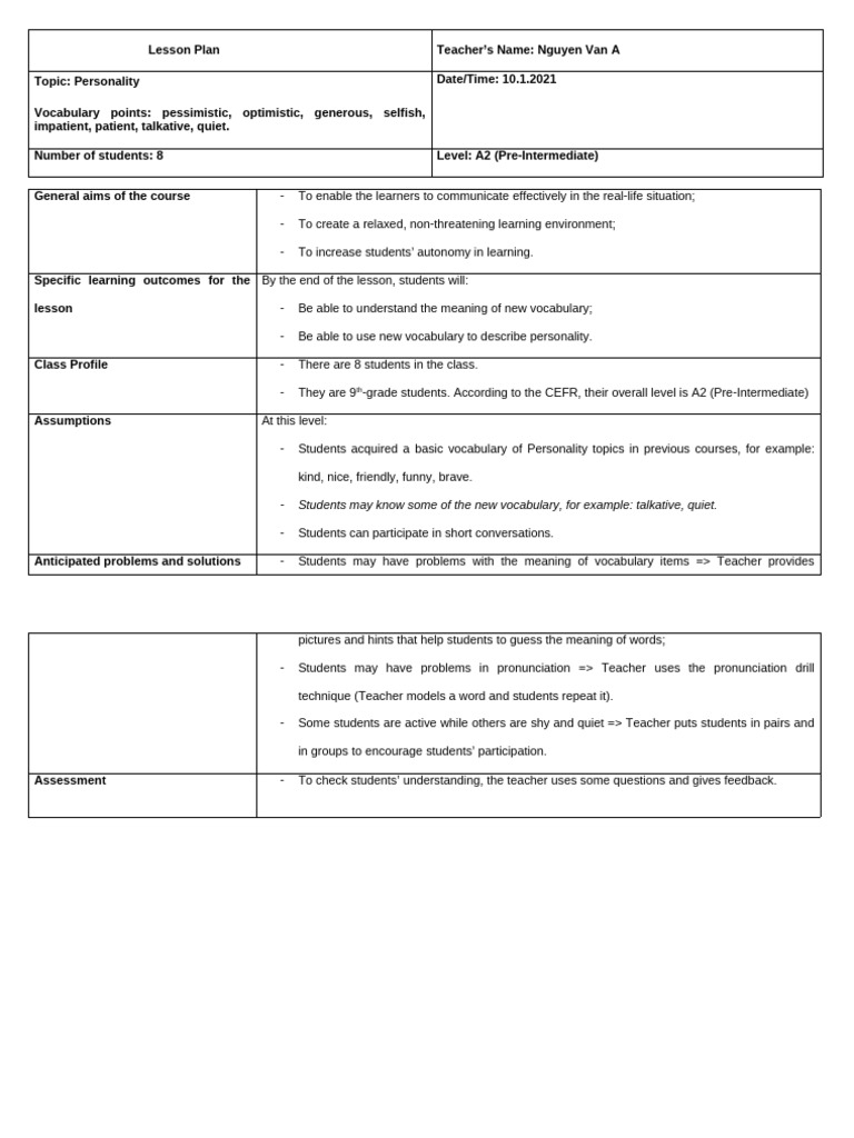 Vocabulary - Lesson Plan Example | PDF