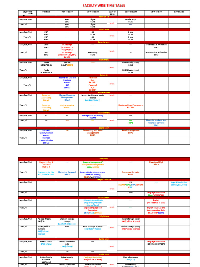 FACULTY Time Table 28 AUG | PDF