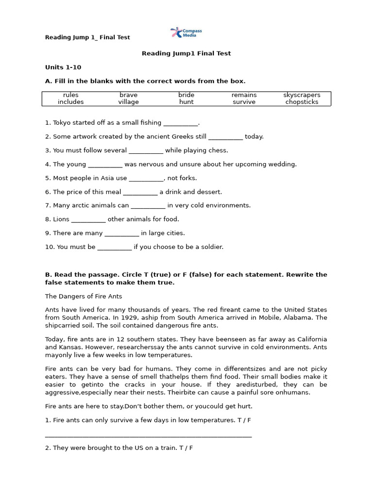 Reading Jump 1 Final Test | PDF