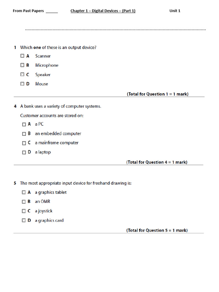 1 - Unit 1 - Digital Devices - Past Paper Questions - Part 1 | PDF