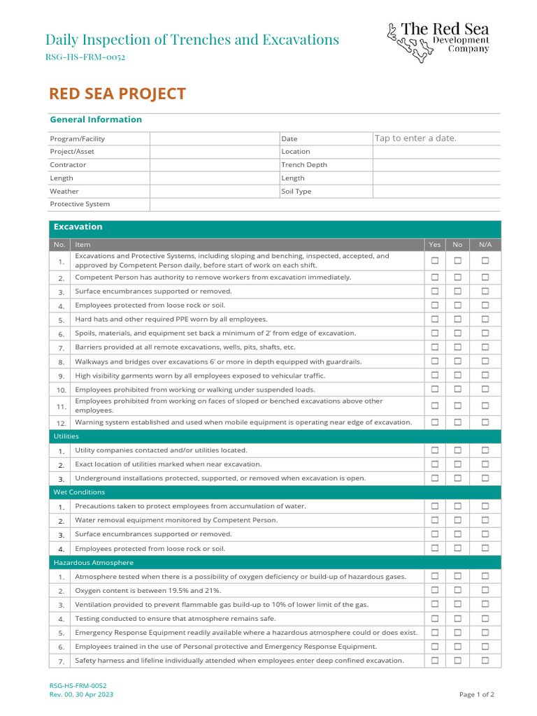 RSG-HS-FRM-0052 - Daily Inspection of Trenches and Excavations | PDF