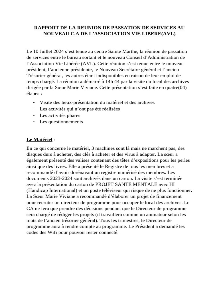 Rapport de La Reunion de Passation de Services | PDF