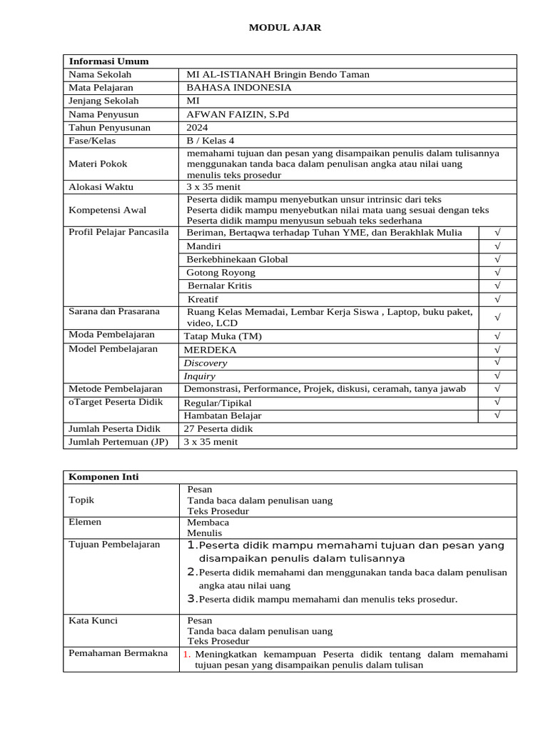 MODUL AJAR BINDO Kls 4 Pert 1 - 3 Sem 2 | PDF