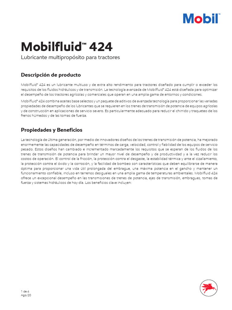 Mobilfluid™ 424: Lubricante Multipropósito para Tractores | PDF