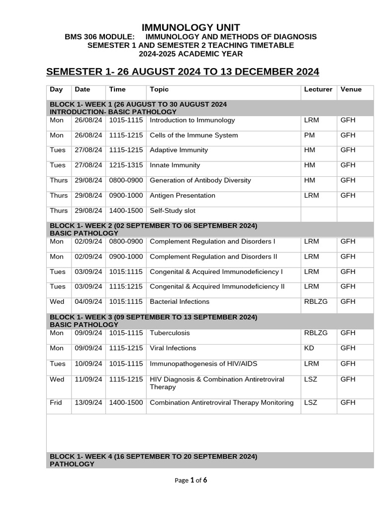 BMS-306 Module - Teaching Timetable Semester 1 & 2 (2024-2025 CLASS) - Vers 27-08-24 | PDF