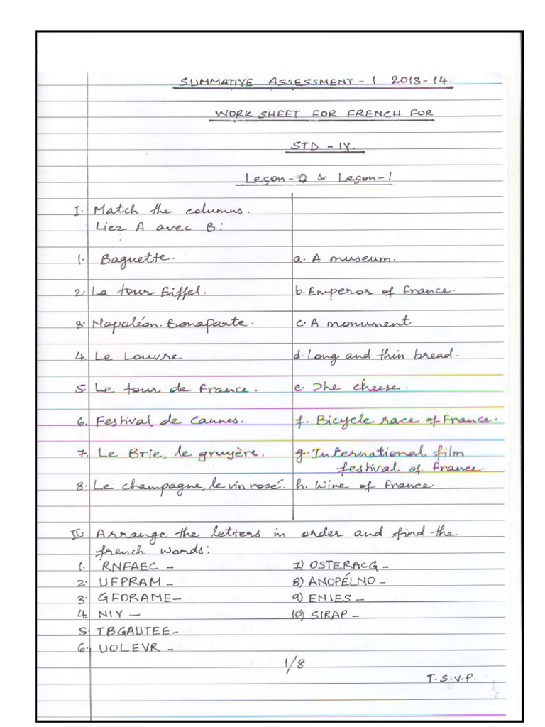 CBSE Class 4 French Worksheet | PDF