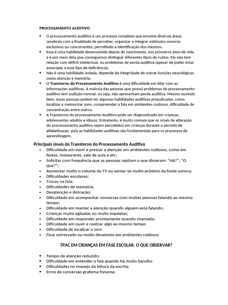 Processamento Auditivo | PDF