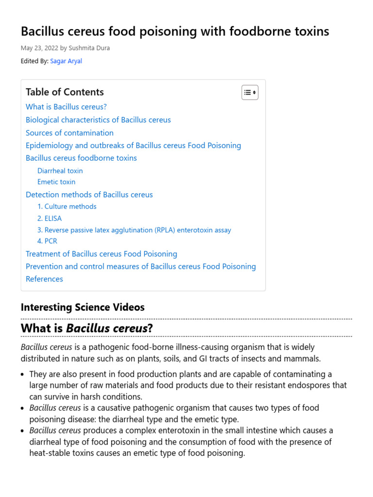 Bacillus Cereus Food Poisoning With Foodborne Toxins | PDF
