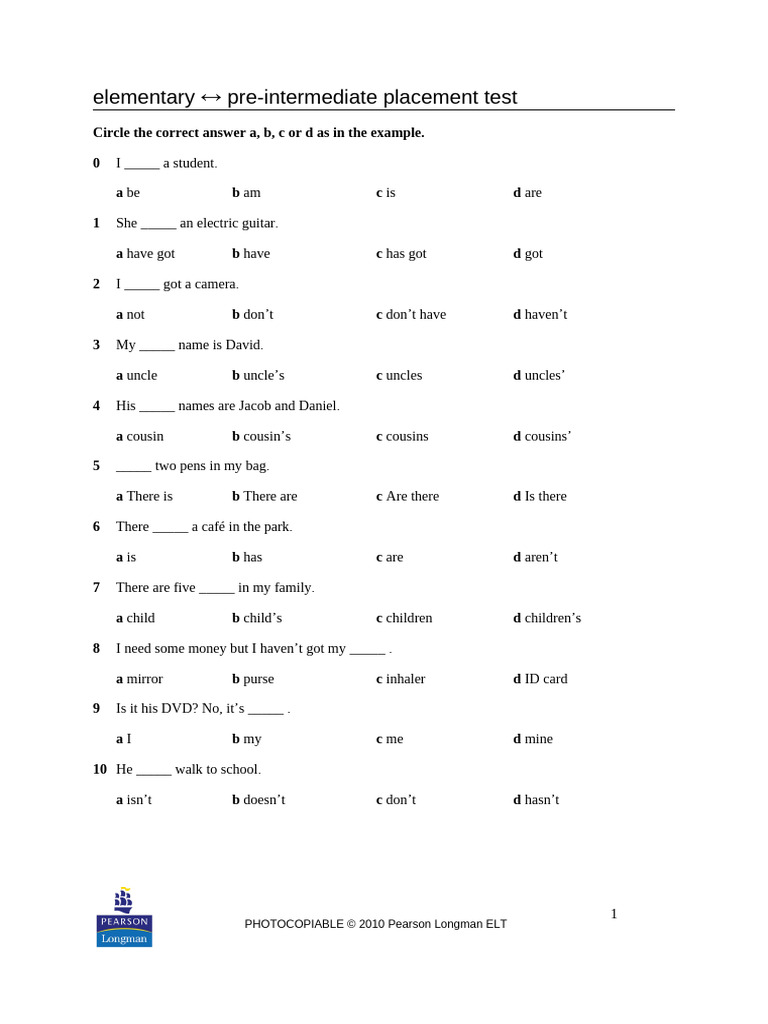Elem - Pre-Int Placement Test | PDF