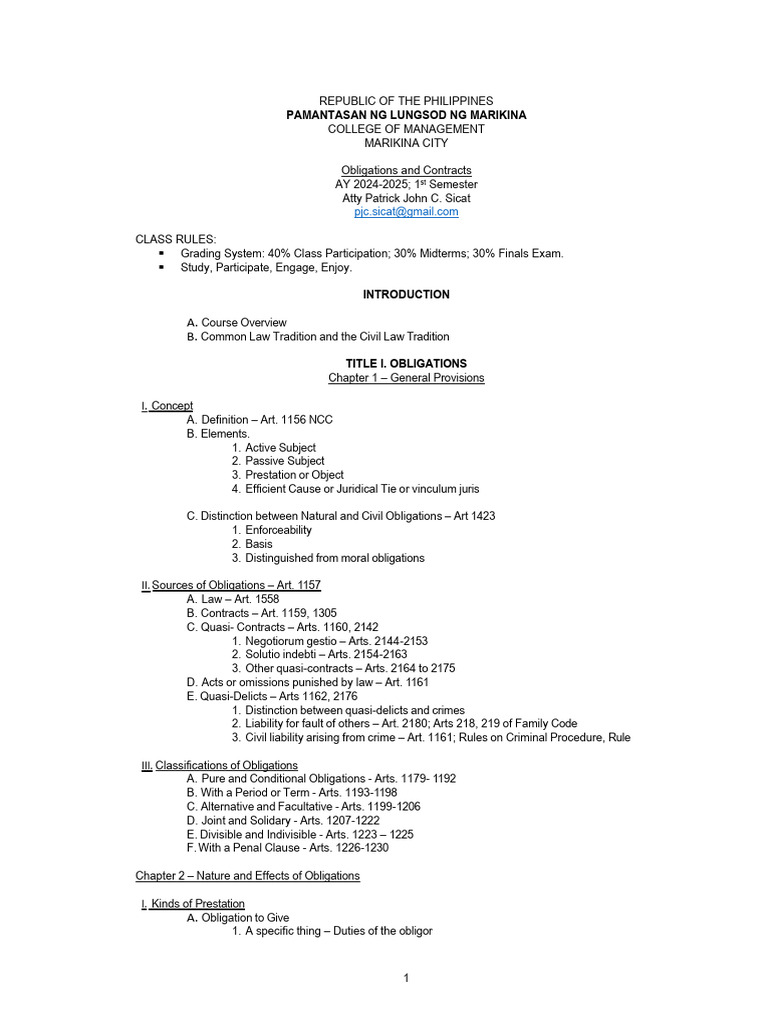 Oblicon Course Outline PLMar | PDF | Annulment | Breach Of Contract