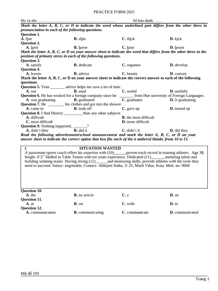 De Tieng Anh THPT Form Moi 2025 | PDF