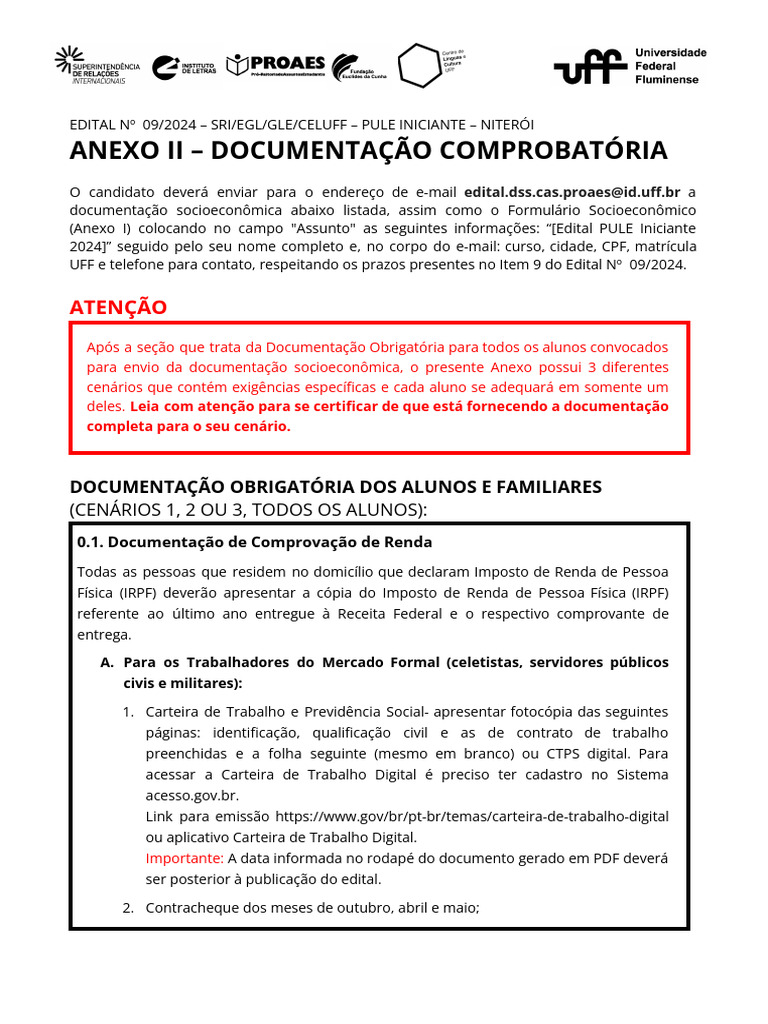 Edital 09 - 2024 - Anexo II - Relação de Documentos Comprobatórios | PDF