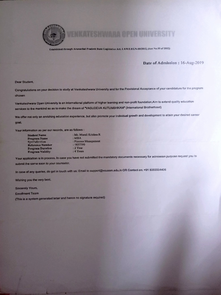 Venkayeshwara Open University Admission Letter | PDF