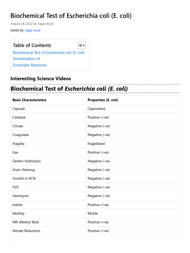 Biochemical Test of Escherichia Coli (E. Coli) | PDF