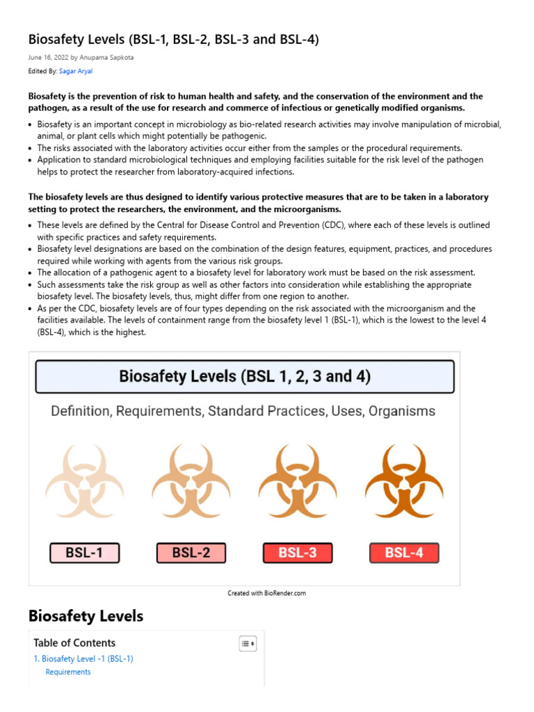 Biosafety Levels (BSL-1, BSL-2, BSL-3 and BSL-4) - Microbe Notes | PDF