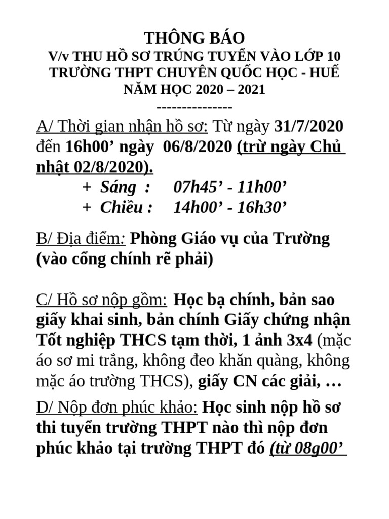 Lich Thu Hs Trung Tuyen L P 10 2020 2021 | PDF