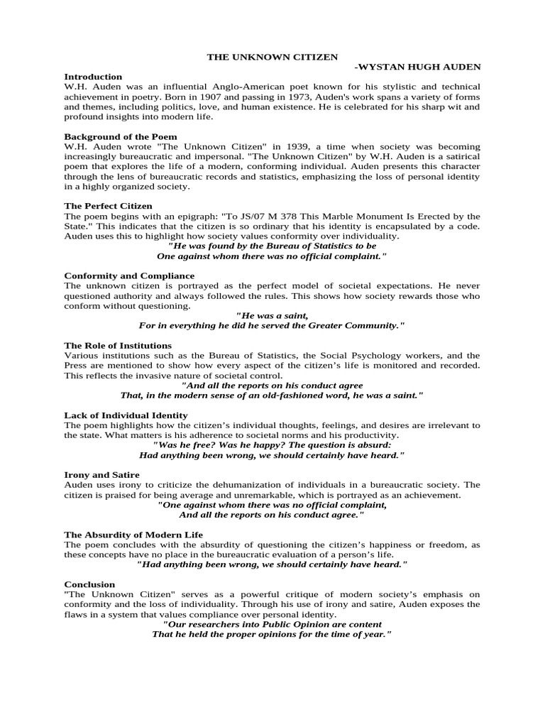 The Unknown Citizen (Essay) | PDF