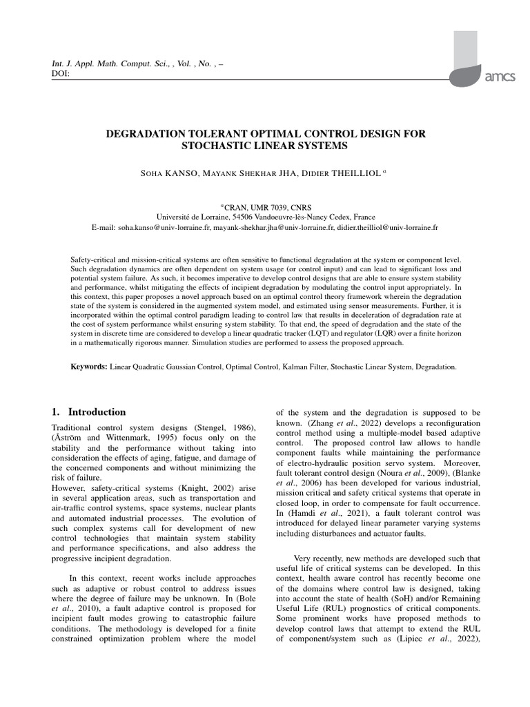 Degradation Tolerant Optimal Control Design For Stochastic Linear Systems | PDF